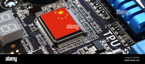 China Flag On A Processor Central Processing Unit Cpu Or Microchip On A Motherboard Concept