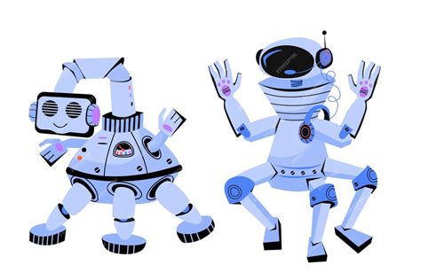 Смешные дружелюбные игрушечные роботы мультяшные персонажи плоские ...