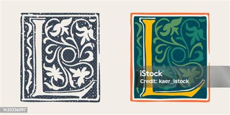 중세 고딕 양식의 L 문자 로고 희미한 색상과 흑백 그런 지 스타일 엠블럼 세트 알파벳 L에 대한 스톡 벡터 아트 및 기타 이미지 알파벳 L 중세 글씨체 컴퓨터 글자