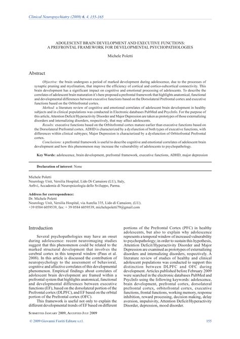Pdf Adolescent Brain Development And Executive Functions A Prefrontal Framework For