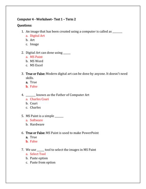 Computer Basics Worksheet Digital Art And Ms Paint