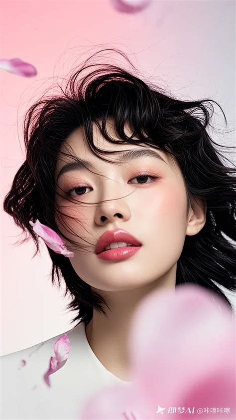超现实主义摄影，写实摄影结合新媒体艺术，亚洲艺术，一个东方女性人像写实摄影，结合穿插缤纷飘落的淡粉红色透明花瓣，运动极简主义风格，展示极简女性美，特写脸部，浅粉红色和浅黑色加白色，渐变，极致的