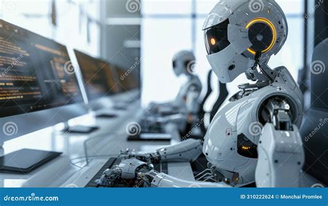 Futuristic Robots With Artificial Intelligence Operating Computers In A High Tech Office