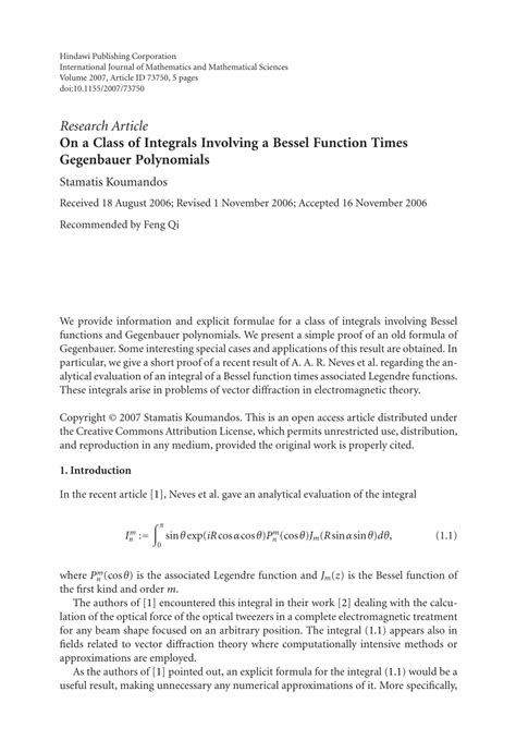 Pdf On A Class Of Integrals Involving A Bessel Function Times Gegenbauer Polynomials