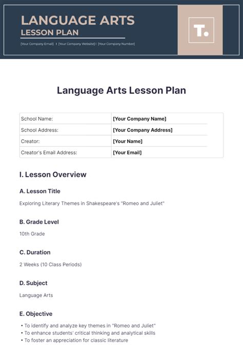 Free Language Arts Lesson Plan Template To Edit Online
