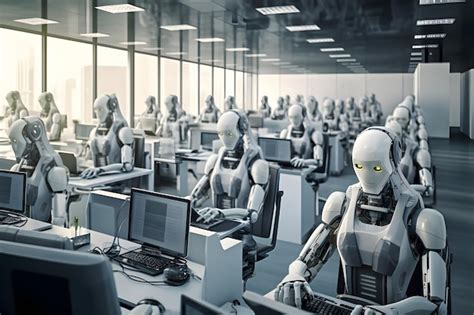 큰 사무실에 서있는 많은 동일한 Ai 로봇 사무실에서 인간을 대체하는 로봇 실업 A 프리미엄 사진