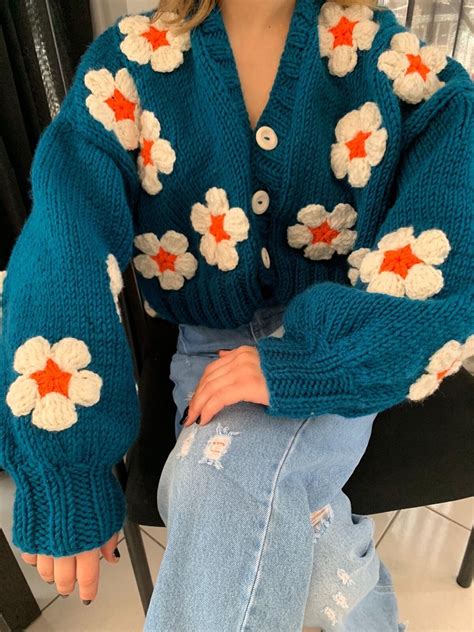 Our Hand Knitted Floral Decorated Cardigan Model Chunky Knit Cardigan