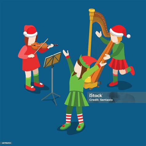 메리 크리스마스 해피 뉴가 어 3d 아이소메트리 아이소메트릭 웹 개념 평면 클래식 악기 의상 그룹 여자 어린이 벡터 아이콘 윤 창 하프 바이올린이 수 창의적인 겨울 홀리데이