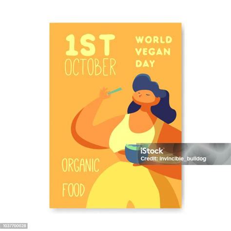 채식의 날 포스터 배너 전단지입니다 세계 채식 휴가 디자인 유기농 식품을 먹는 여자 건강 한 라이프 스타일 개념입니다 벡터 일러스트 레이 션 0명에 대한 스톡 벡터 아트 및