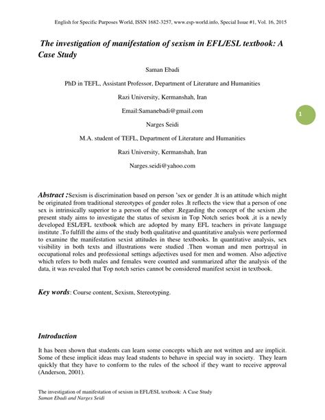 Pdf The Investigation Of Manifestation Of Sexism In Eflesl Textbook