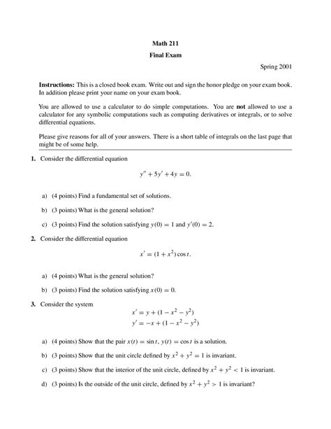 Final Exam Ordinary Differential Equations And Linear Algebra Math