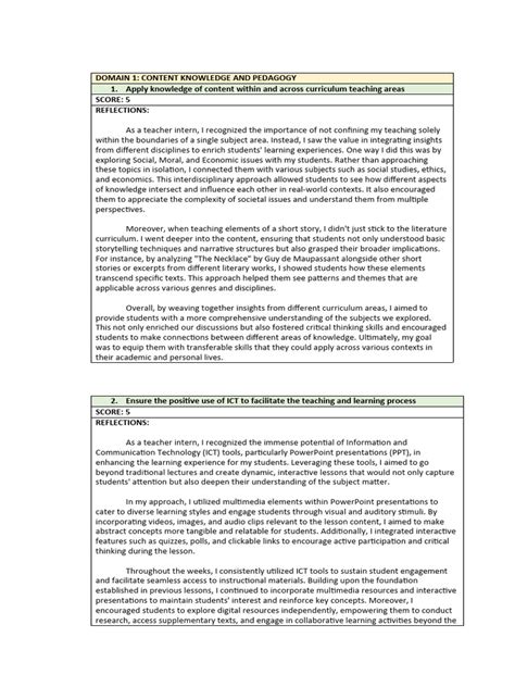 Sellon Reflections On Ppst Domains Pdf Educational Assessment Learning