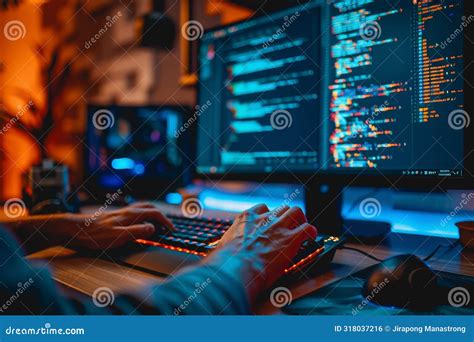Programmer Is Hands On Keyboard Writing Source Code On Screen Monitor Showing Writing Code