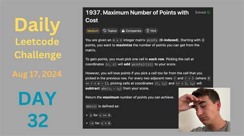 Daily Leetcode Challenge Day 32 Maximum Number Of Points With Cost