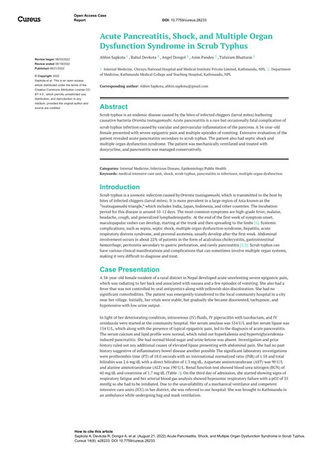 Pdf Acute Pancreatitis Shock And Multiple Organ Dysfunction Syndrome In Scrub Typhus