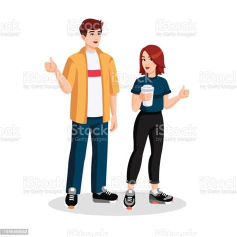 행복 한 젊은 남자와 여자 엄지 손가락을 보여줍니다 사람들은 엄지 손가락 기호를 보여줍니다 벡터 평면 그림 만화 스타일입니다