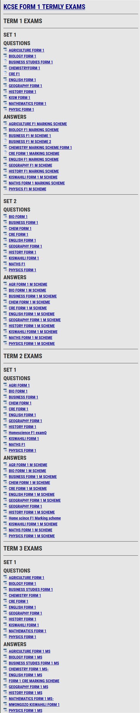 Kcse Form 1 Termly Exams Kcse Online