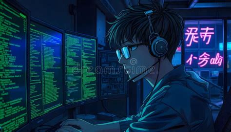 night coder anime style digital artist at work stock illustration