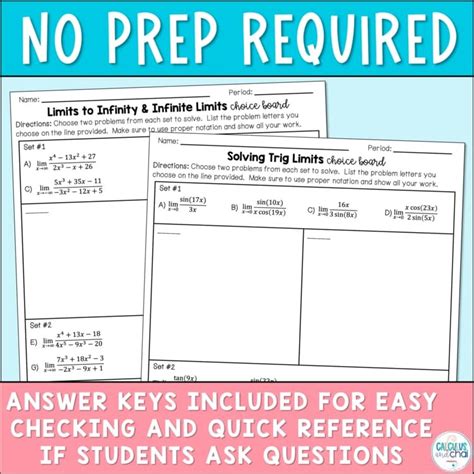 Evaluating Limits Practice Calculus Review Choice Board Activity
