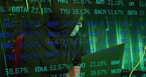 Image Of Data Processing Over Asian Male Hacker With Laptop By Computer Servers Stock