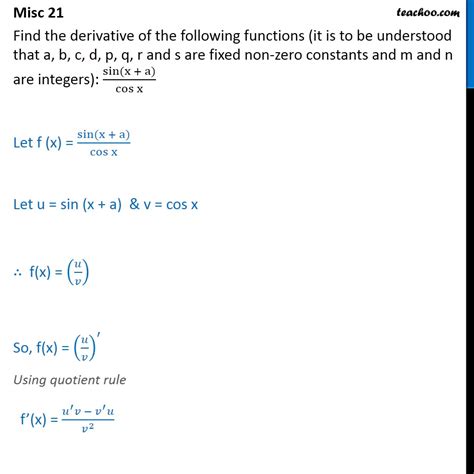 Misc 21 Find Derivative Sin X A Cos X Derivatives By Formul