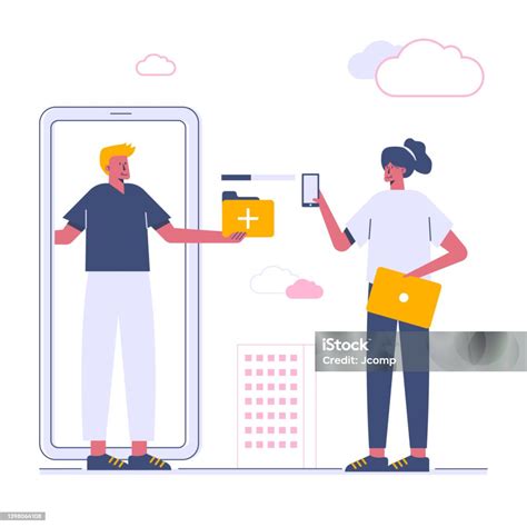 파일 공유 개념 웹 템플릿 휴대 전화에 대한 만화 스타일 스크린 웹 템플릿 방문 페이지 템플릿 Ui 웹 모바일 응용 프로그램 포스터 배너 플랫 벡터 일러스트 레이 션 가정