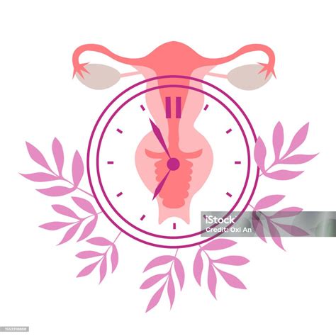 폐경 여성 건강 관리 일러스트레이션 세계 폐경의 날 의학 산부인과의 개념 시계가 있는 여성 생식 기관 격리된 배경에 있는 벡터 평면 그림 자궁 내막에 대한 스톡 벡터 아트