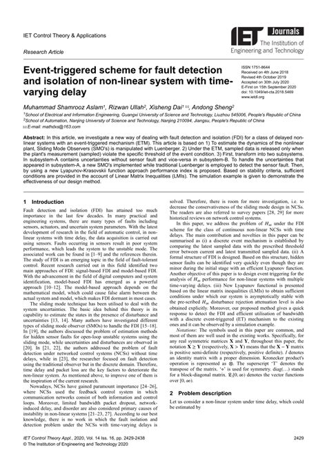 Pdf Event Triggered Scheme For Fault Detection And Isolation Of Nonlinear System With Time
