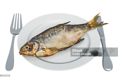 포크와 나이프접시에 짠 마른 물고기 흰색 배경에 고립 된 3d 렌더링 3차원 형태에 대한 스톡 사진 및 기타 이미지 3차원 형태 개념 개념과 주제 Istock