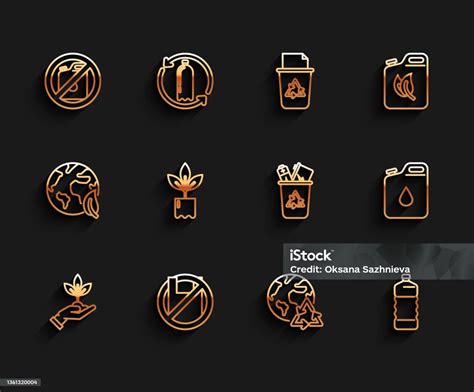 환경 보호의 손에 세트 라인 공장 가솔린을위한 아니 캐니스터 행성 지구 재활용 플라스틱 병 캐니스터 및 재활용 기호 아이콘휴지 통 벡터 갤런에 대한 스톡 벡터 아트 및 기타