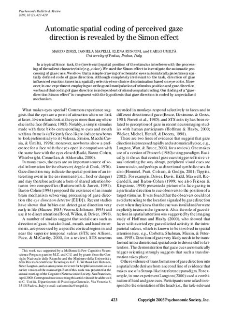 Pdf Automatic Spatial Coding Of Perceived Gaze Direction Is Revealed By The Simon Effect