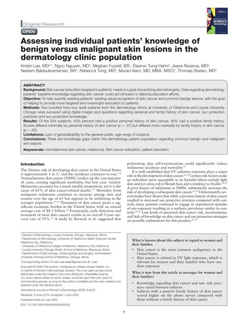Pdf Assessing Individual Patients Knowledge Of Benign Versus Malignant Skin Lesions In The