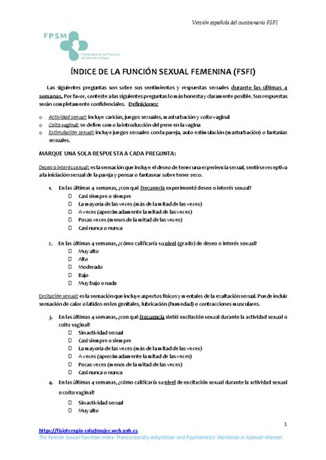 Cuestionario Fsfi Índice De La Función Sexual Femenina En Español