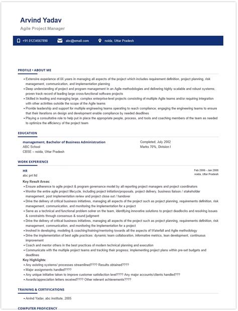 Agile Project Manager Sample And Ready To Use Example Shriresume