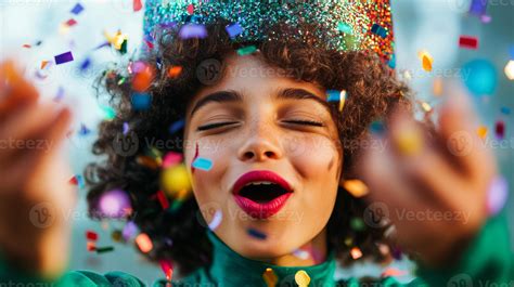 Cheerful Person Wearing A Glittery Party Hat Blowing Colorful Confetti