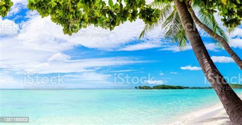열대 섬 풍경 하얀 모래 해변 청록색 바다 물 바다 파도 녹색 야자수 잎 푸른 맑은 하늘 구름 이국적인 자연 여름 휴가 여행 고급 리조트 휴식 0명에 대한 스톡 사진 및