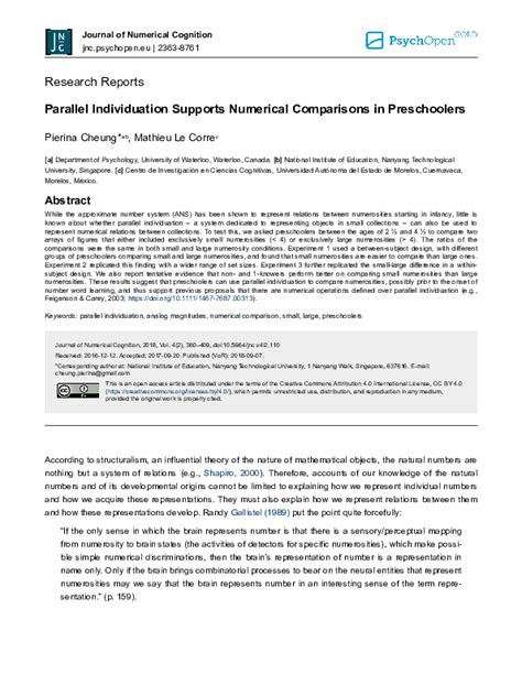 Pdf Parallel Individuation Supports Numerical Comparisons In Preschoolers
