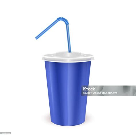 차가운 음료 소다 얼음 차 또는 칵테일 현실적인 포장 모형 템플릿을 위한 뚜껑과 마시는 빨대와 파란 종이 일회용 컵 0명에 대한 스톡 벡터 아트 및 기타 이미지 Istock
