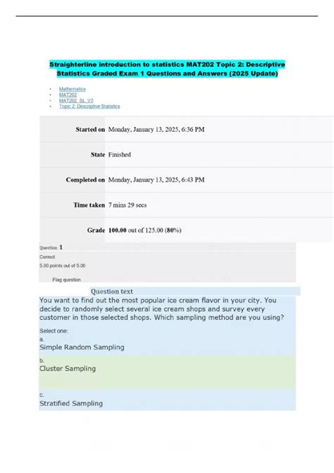 Straighterline Introduction To Statistics Mat202 Topic 2 Descriptive Statistics Graded Exam 1