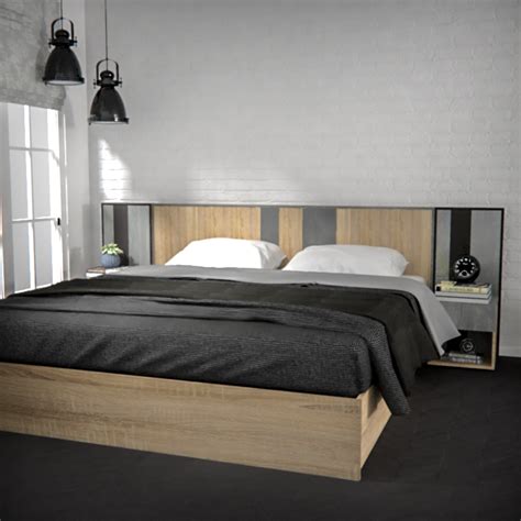 Inhome Furniture ชุดห้องนอน Accord เตียง 6 ฟุต และ ตู้ข้างเตียง 2 ตัว สีโซลิดโอ๊ค ซีเมนต์ กราไฟ