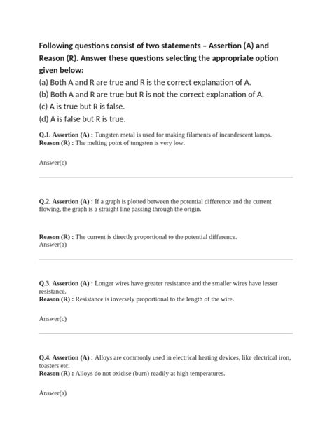 Assertion And Reaction Cbse Electricity Pdf Incandescent Light Bulb