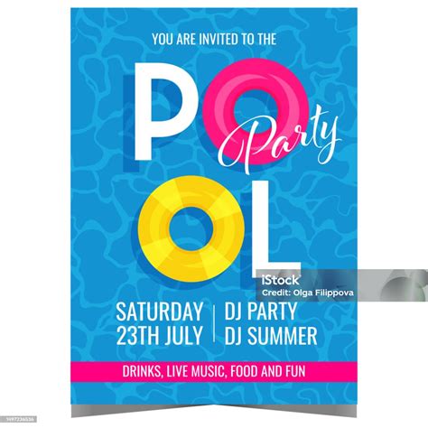 수영장 파티 포스터 또는 배너 초대 전단지 또는 반짝이는 수영장 물에 다채로운 풍선 수영 반지가 있는 전단지 풀 파티에 대한 스톡 벡터 아트 및 기타 이미지 Istock