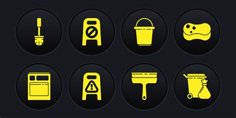 주방 식기 세척기 스폰지 젖은 바닥 및 청소 진행 창문 용 고무 클리너 양동이 쓰레기통 쓰레기 봉투 및 화장실 브러시 아이콘을 설정합니다 벡터 건설 기계류에 대한 스톡 벡터