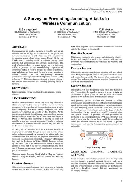 Ij A Survey On Preventing Jamming Attacks In Wireless Communication Pdf