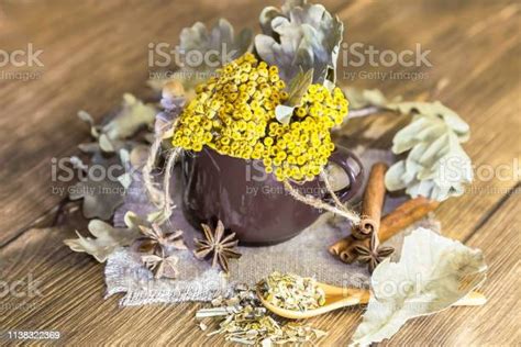 한방 의학 동종 요법 차 및 의약품에 대 한 약초의 컬렉션입니다 소박한 스타일의 나무 테이블의 배경에 컵에 말린 탠 시 꽃과 참나무 잎 0명에 대한 스톡 사진 및 기타