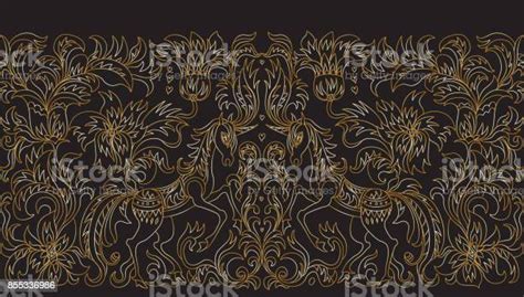 벡터 완벽 한 패턴입니다 유니콘 나무 꽃 황금 잎 윤곽 얇은 선 그리기에 장신구와 환상 자 수 테두리 벽지 프린지 섬유 인쇄 포장지 0명에 대한 스톡 벡터 아트 및 기타