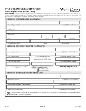 Fillable Online STOCK TRANSFER FORM Westcoaststocktransfer Com Fax Email Print PdfFiller
