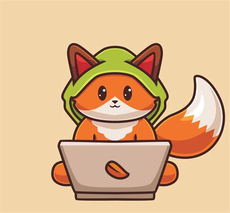 Cute Fox Hacker Laptop Isolated Cartoon Science Technology Concept