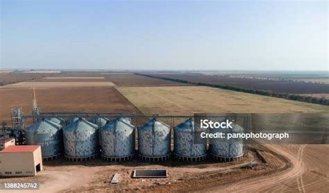 곡물 엘리베이터 농업 구역의 금속 곡물 엘리베이터 수확을 위한 농업 저장 녹색 자연 배경에 곡물 엘리베이터 농업 공장의 외관 아무도 0명에 대한 스톡 사진 및 기타 이미지