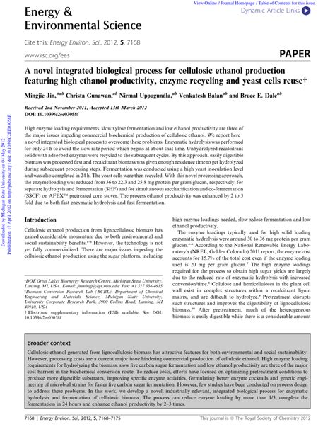 Pdf A Novel Integrated Biological Process For Cellulosic Ethanol